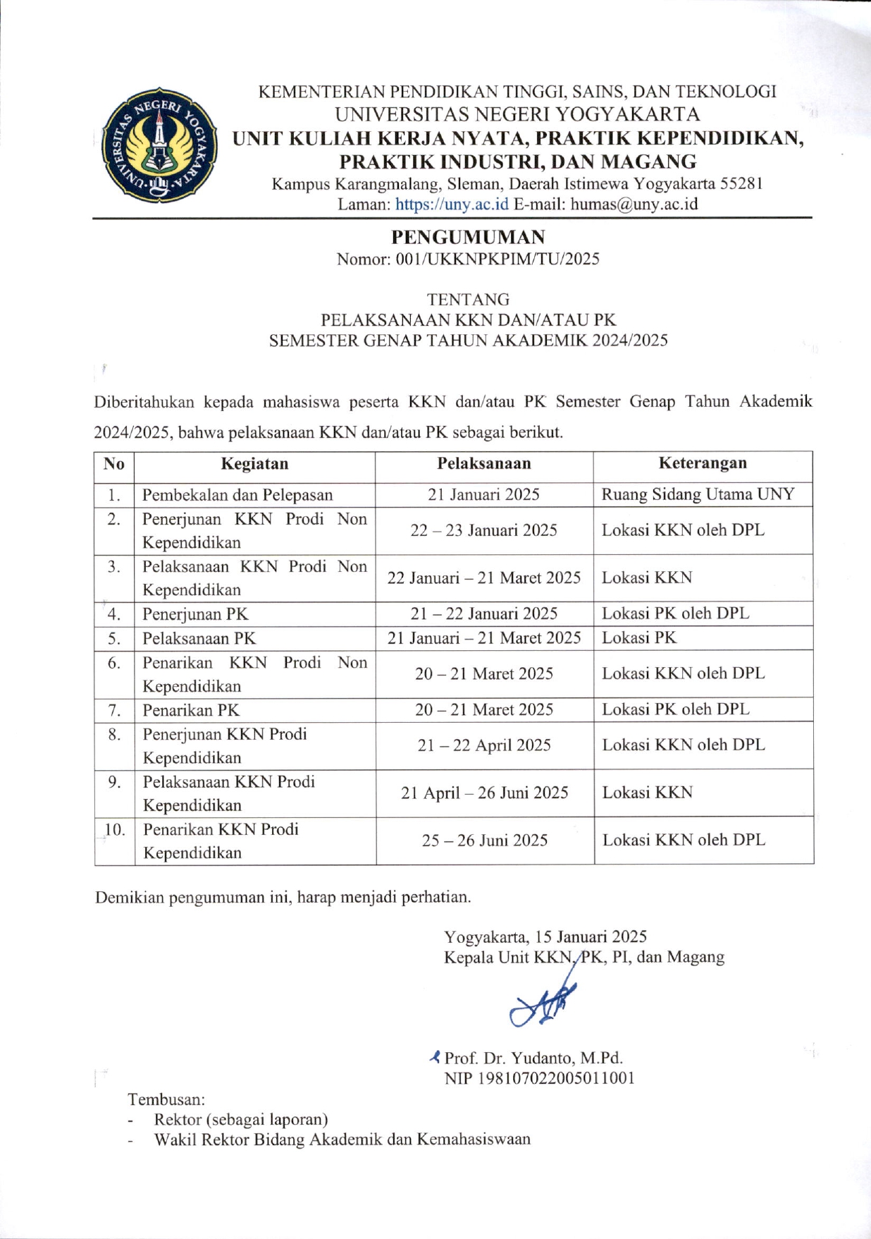 JADWAL PELAKSANAAN KKN DAN ATAU PK SEMESTER GENAP T.A. 2024/2025 | Unit Layanan Magang, KKN, PK